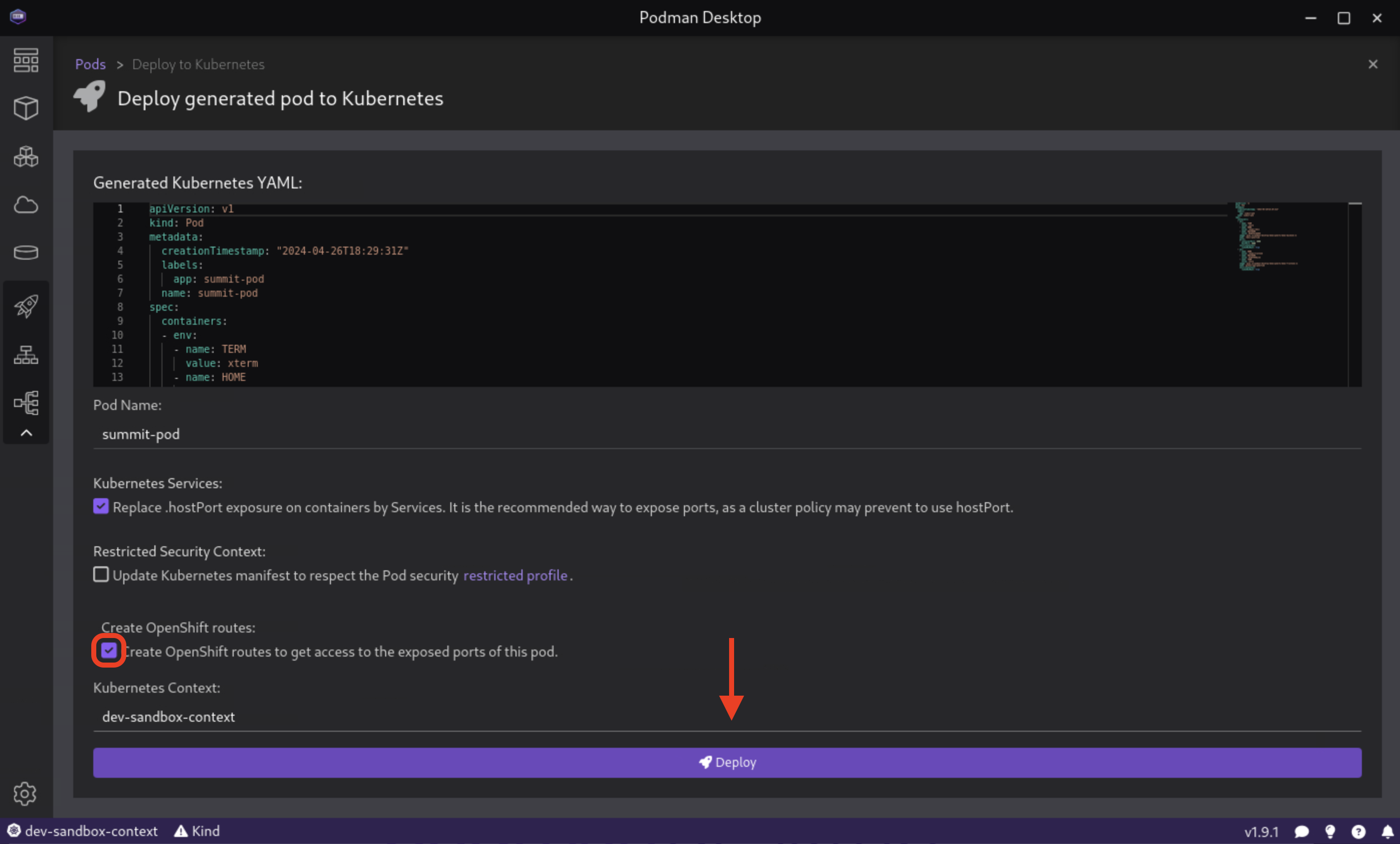 Deploying Pods to Kubernetes :: Podman Desktop Tutorial
